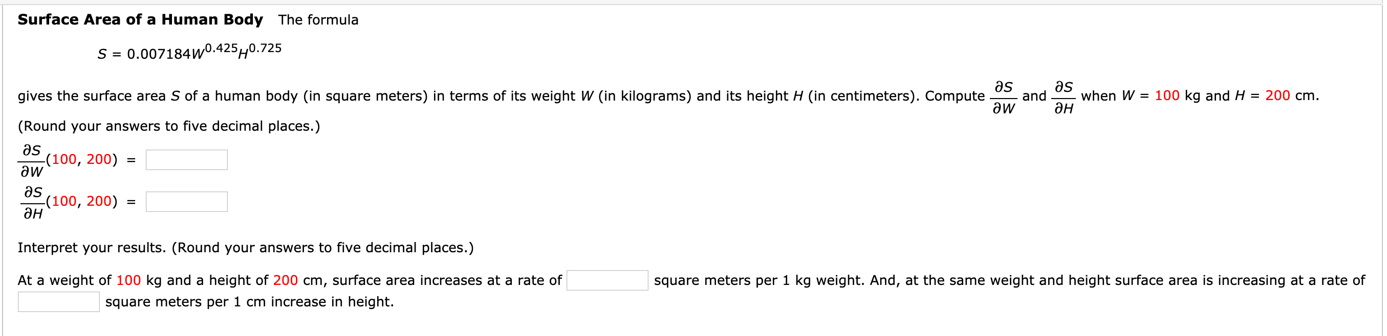 Solved Surface Area of a Human Body The formula S = | Chegg.com