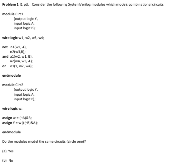 Solved Problem 1 [1 pt). Consider the following | Chegg.com