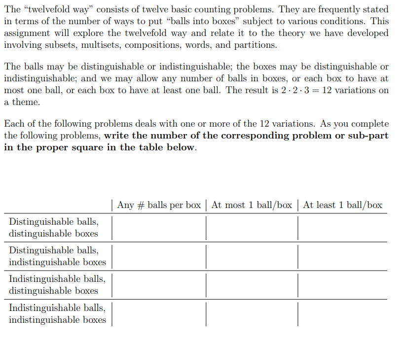 The "twelvefold way" consists of twelve basic | Chegg.com