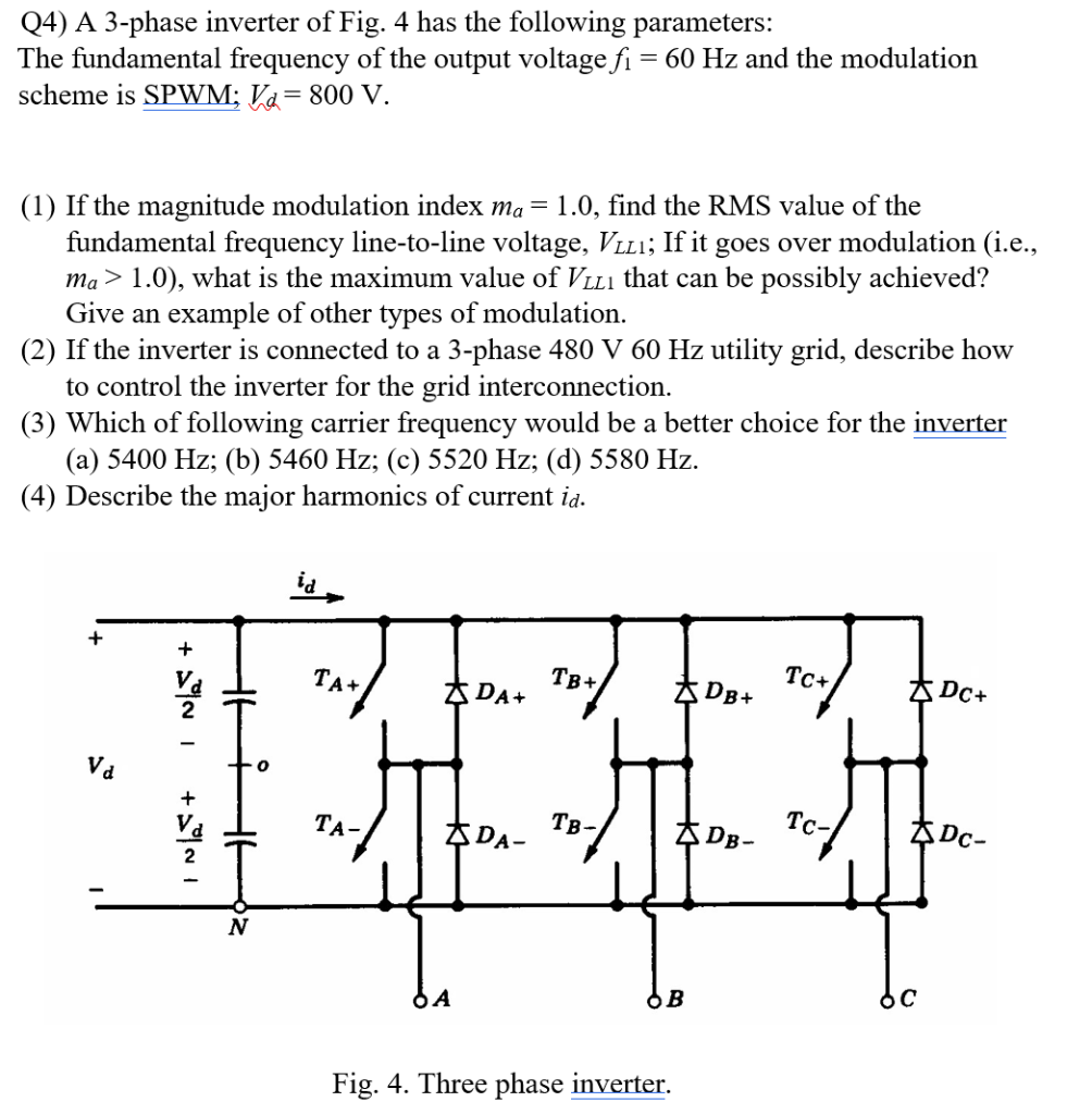Solved Q4) A 3-phase inverter of Fig. 4 has the following | Chegg.com