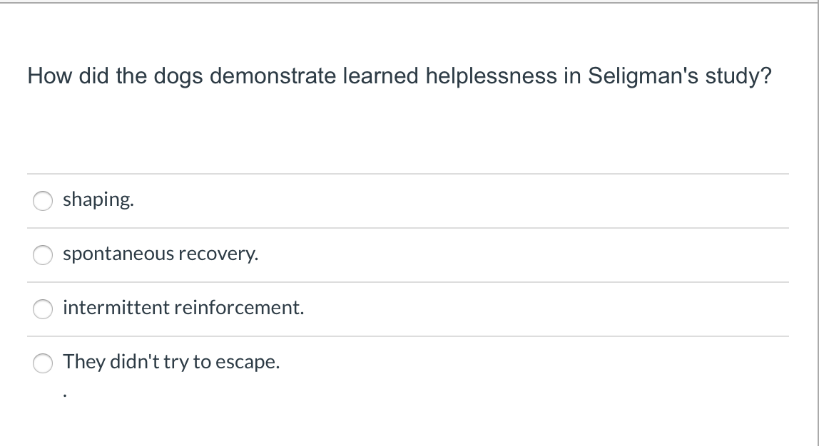 Solved How did the dogs demonstrate learned helplessness in | Chegg.com