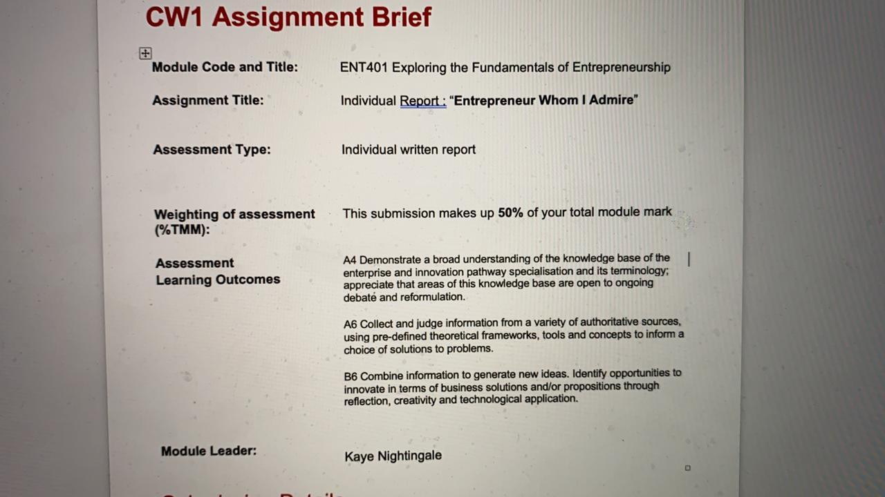 CW1 Assignment Brief Module Code and Title: ENT401 | Chegg.com
