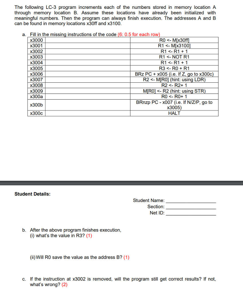 Solved The following LC-3 program increments each of the | Chegg.com
