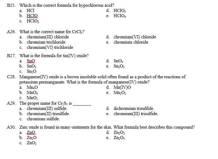 Solved B25. Which is the correct formula for hypochlorous | Chegg.com