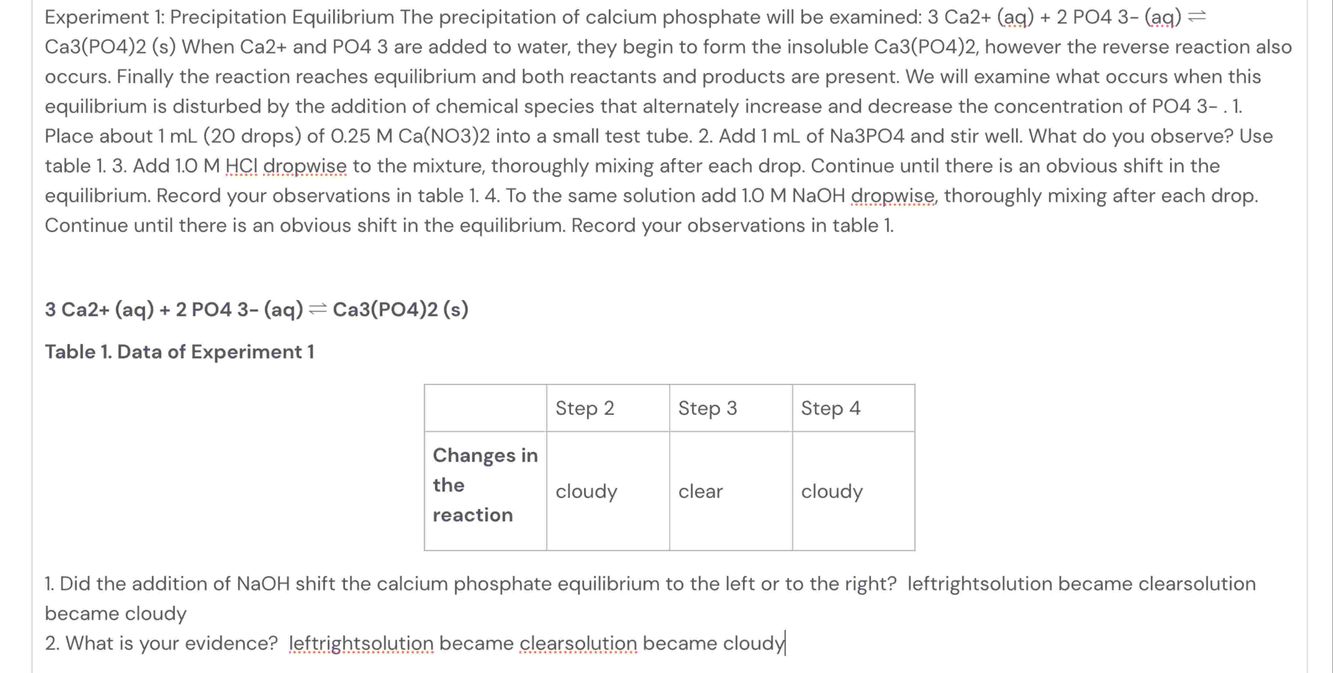 Solved Experiment 1: Precipitation Equilibrium The | Chegg.com
