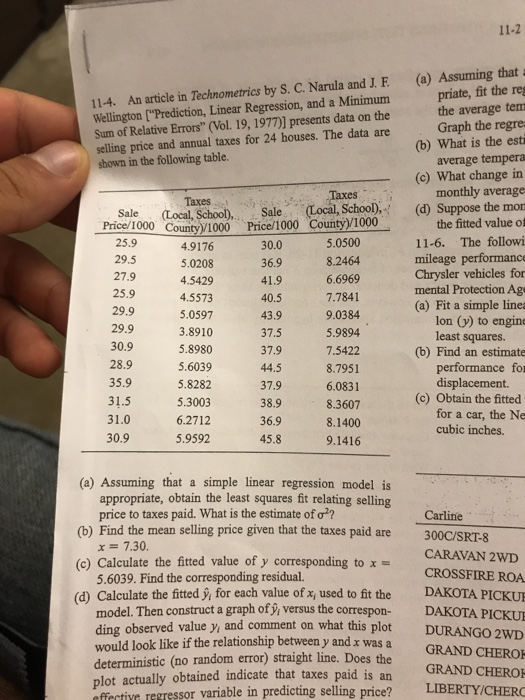 Solved 11-4. An article in Technometrics by S. C. Narula and | Chegg.com