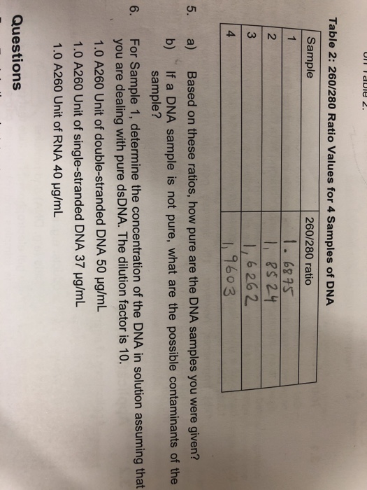 Solved Table 2: 260/280 Ratio Values for 4 Samples of DNA | Chegg.com