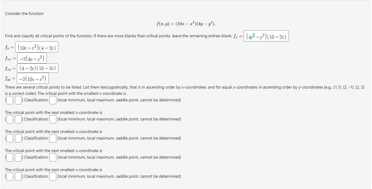 Solved Consider the function f(x,y)=(10x−x2)(4y−y2) Find and | Chegg.com