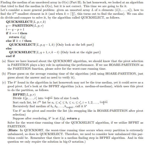 Finding the median of an unordered array in O(n) | Chegg.com