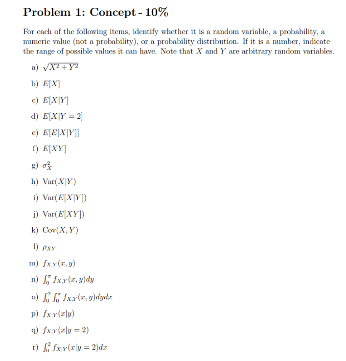 Problem 1: Concept - 10\% For each of the following | Chegg.com