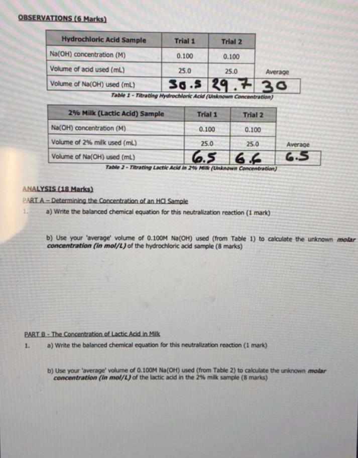 Solved OBSERVATIONS (6 Marks) ANALYSIS (18 Marks) PART A - | Chegg.com