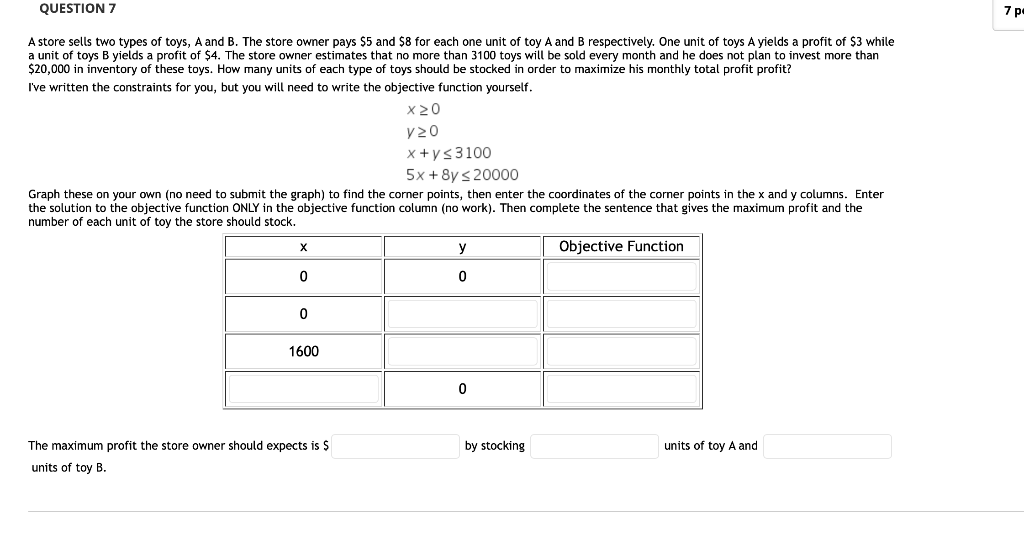 Solved QUESTION 7 7 p A store sells two types of toys, A and | Chegg.com