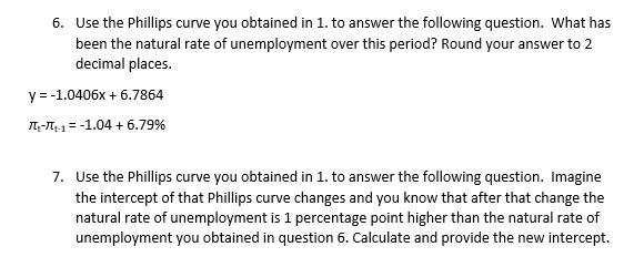 Solved 6. Use the Phillips curve you obtained in 1. to | Chegg.com