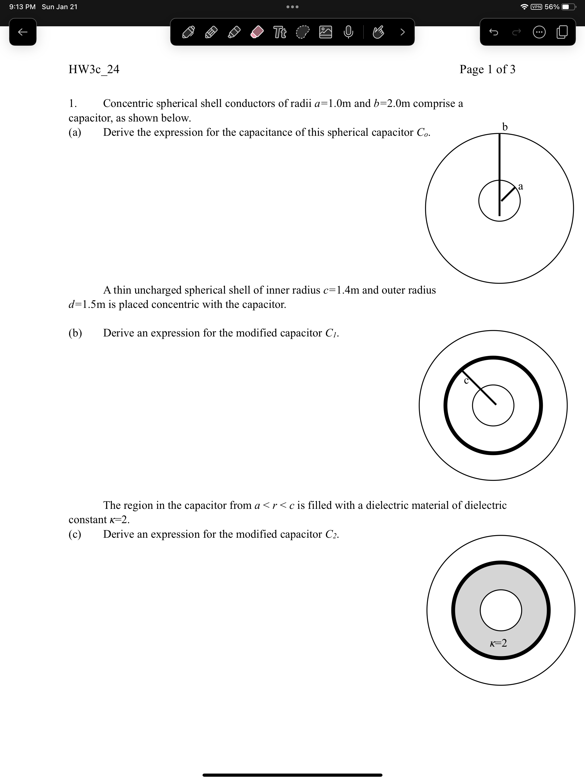 Solved Concentric spherical shell conductors of radii a=1.0m | Chegg.com