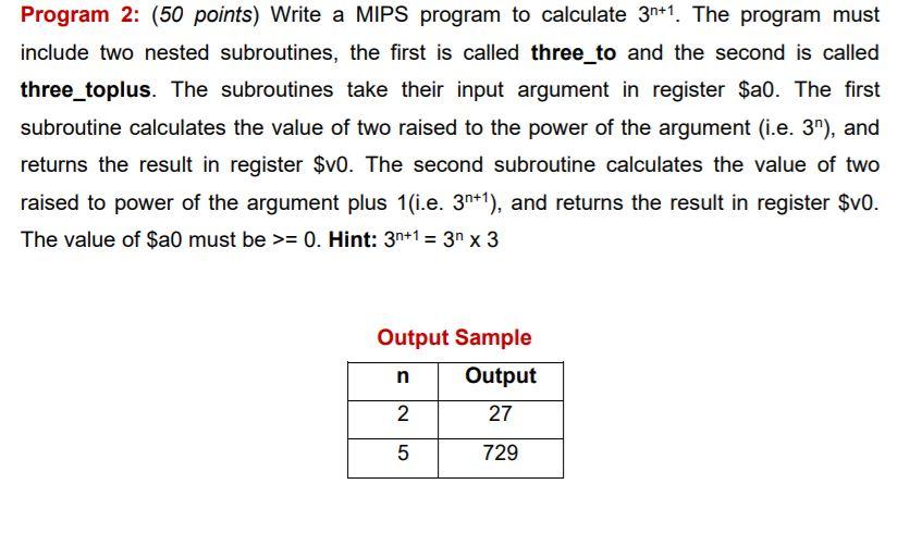 Solved Program 2: (50 points) Write a MIPS program to | Chegg.com