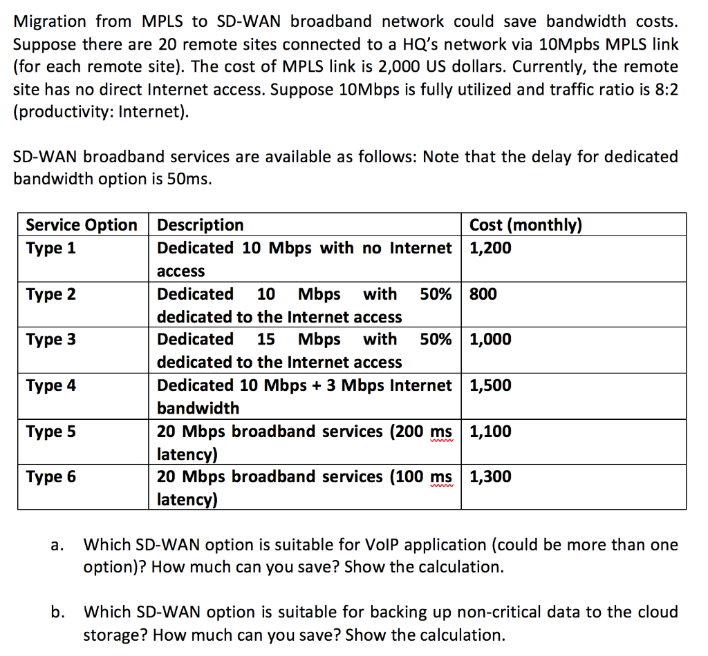Migration from MPLS to SD-WAN broadband network could | Chegg.com