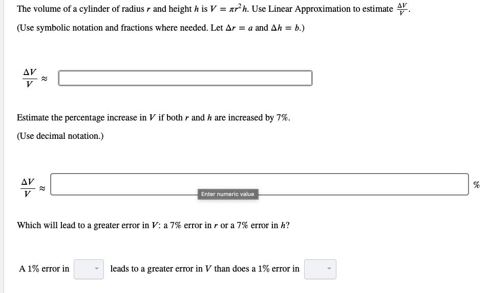 Solved AV The volume of a cylinder of radius r and height h | Chegg.com