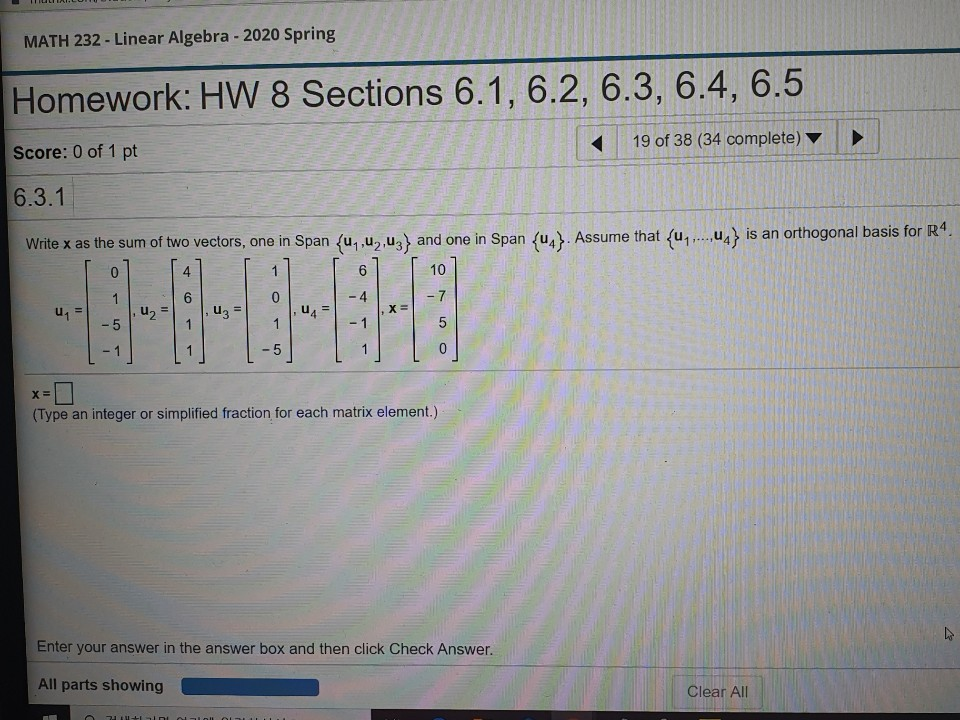 Solved MATH 232 - Linear Algebra - 2020 Spring Homework: HW | Chegg.com