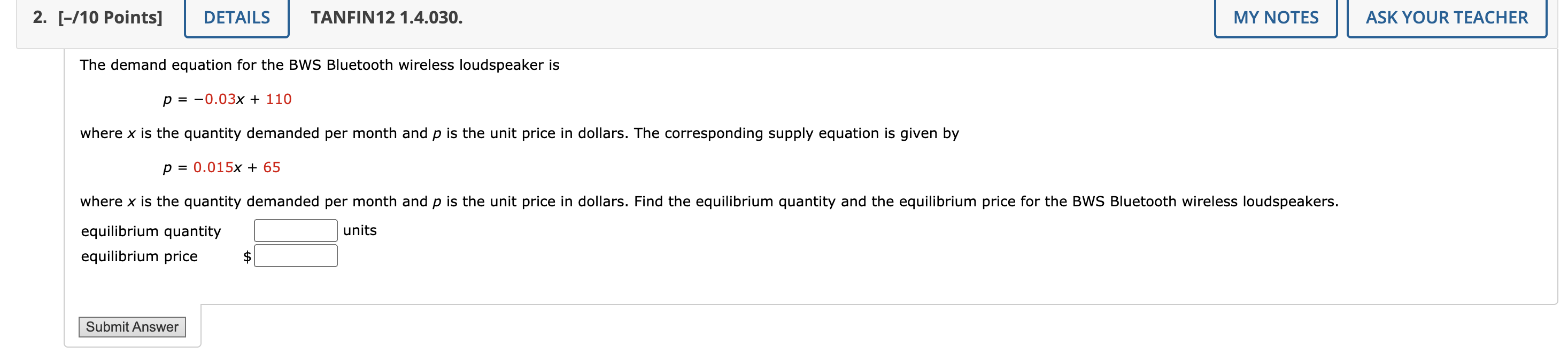 Solved The demand equation for the BWS Bluetooth wireless | Chegg.com