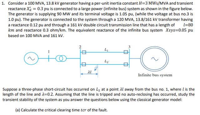 Solved 1. Consider a 100MVA,13.8kV generator having a | Chegg.com