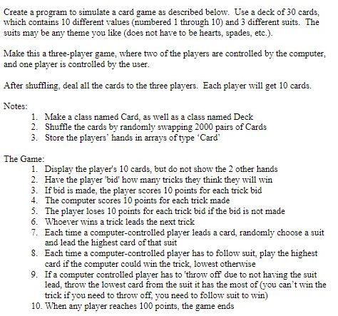 Create a program to simulate a card game as described | Chegg.com