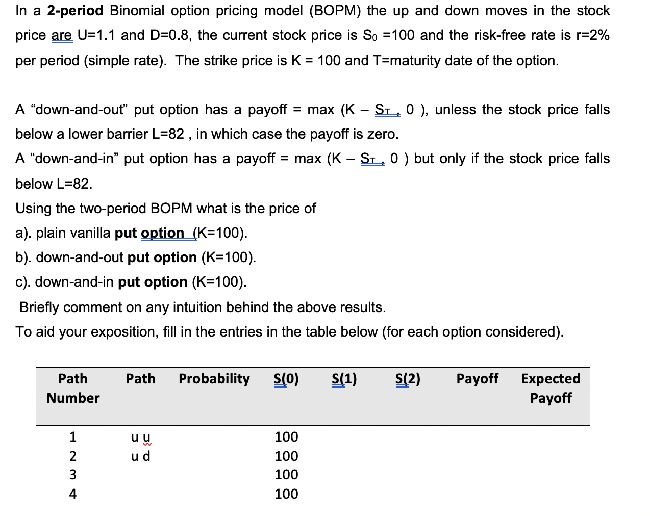 Solved In a 2-period Binomial option pricing model (BOPM) | Chegg.com