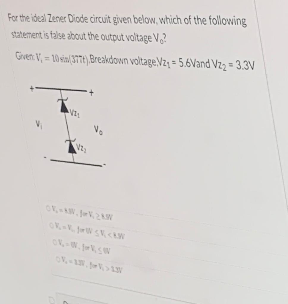 Solved For the ideal Zener Diode circuit given below, which | Chegg.com