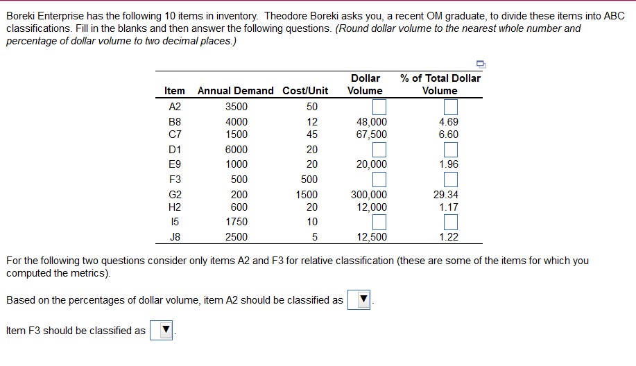 Solved Boreki Enterprise has the following 10 ﻿items in | Chegg.com