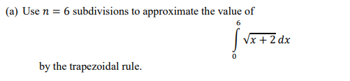 Solved (a) ﻿Use n=6 ﻿subdivisions to approximate the value | Chegg.com