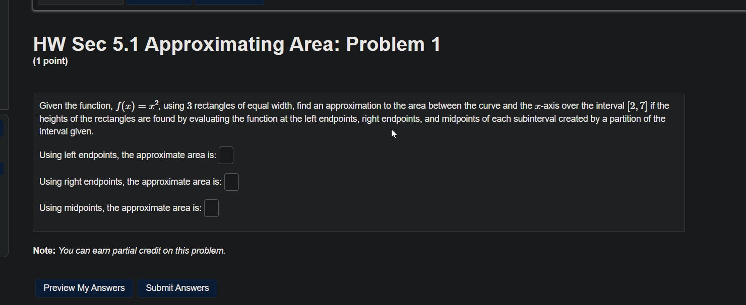 Solved HW Sec 5.1 Approximating Area: Problem 1 (1 point) | Chegg.com