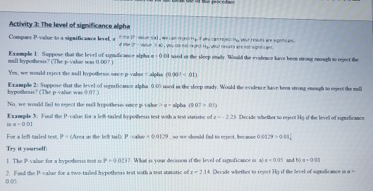 Solved Activity 3: The level of significance alpha Compare | Chegg.com
