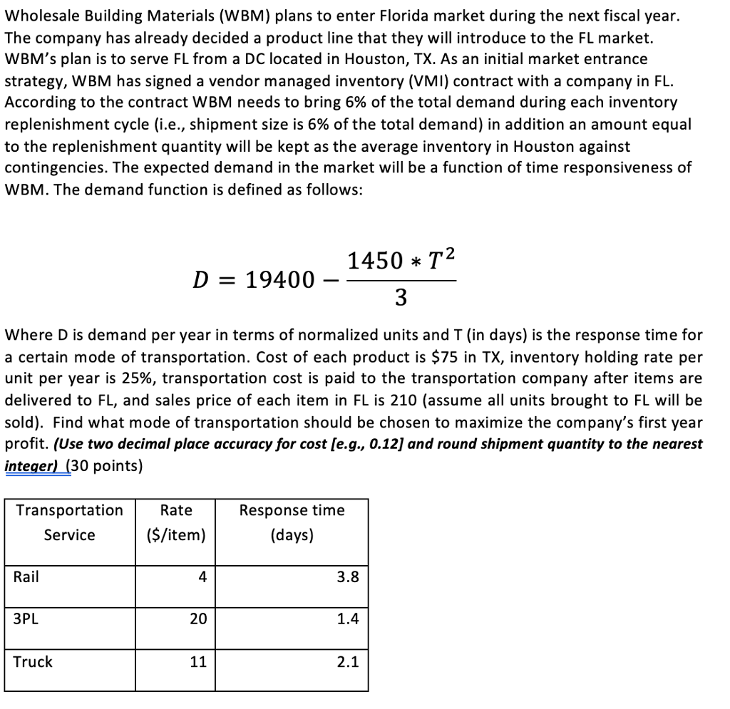 Solved Wholesale Building Materials (WBM) plans to enter | Chegg.com