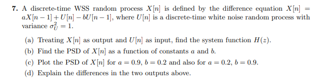 Solved 7. A discrete-time WSS random process X[n] is defined | Chegg.com