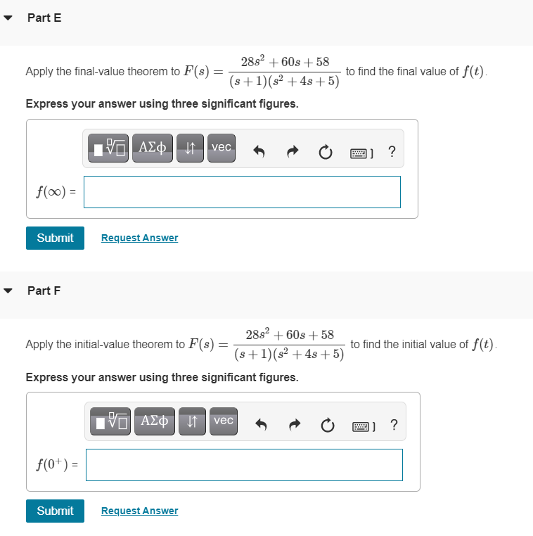 Solved Part E 28s+60s +58 Apply the final-value theorem to | Chegg.com