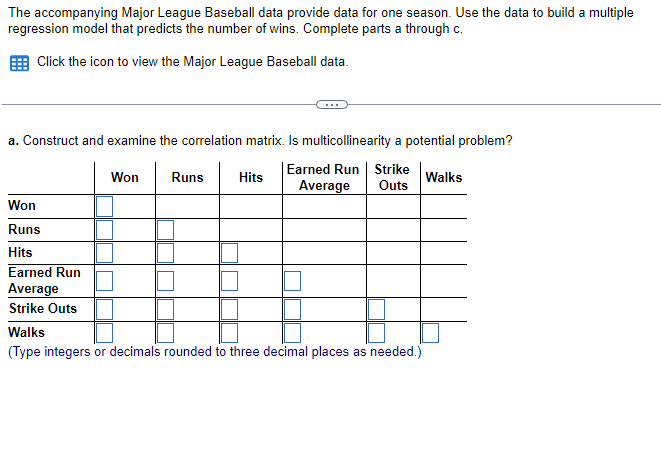 Solved Data Table for MLB dataThe accompanying Major League | Chegg.com