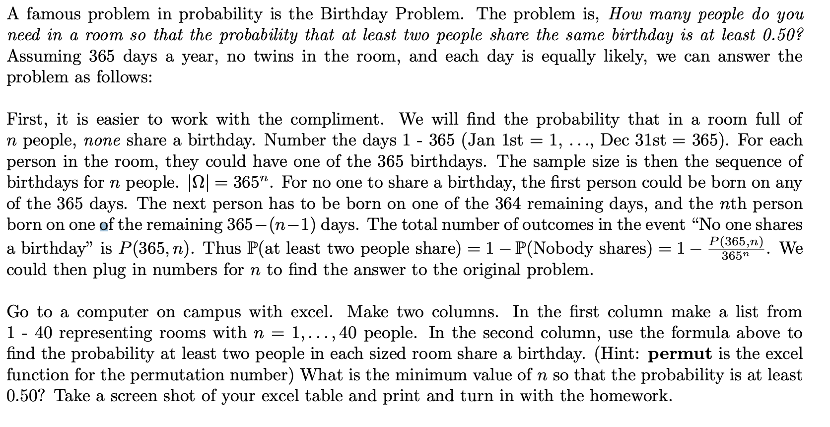 Solved A famous problem in probability is the Birthday | Chegg.com