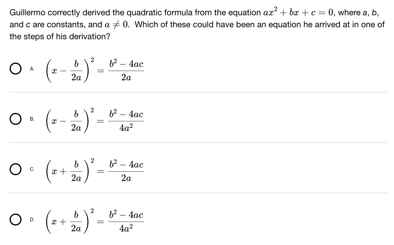Solved Guillermo correctly derived the quadratic formula | Chegg.com