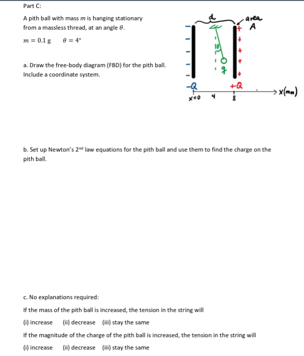 Solved Part C: A pith ball with mass m is hanging stationary | Chegg.com