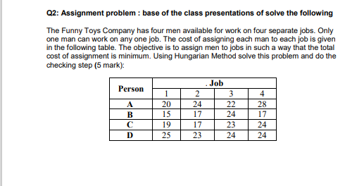 Solved Q2: Assignment problem : base of the class | Chegg.com
