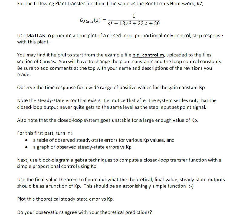Solved For the following Plant transfer function: (The same | Chegg.com