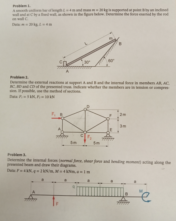 Solved Problem 1. A smooth uniform bar of length L=4 m and | Chegg.com