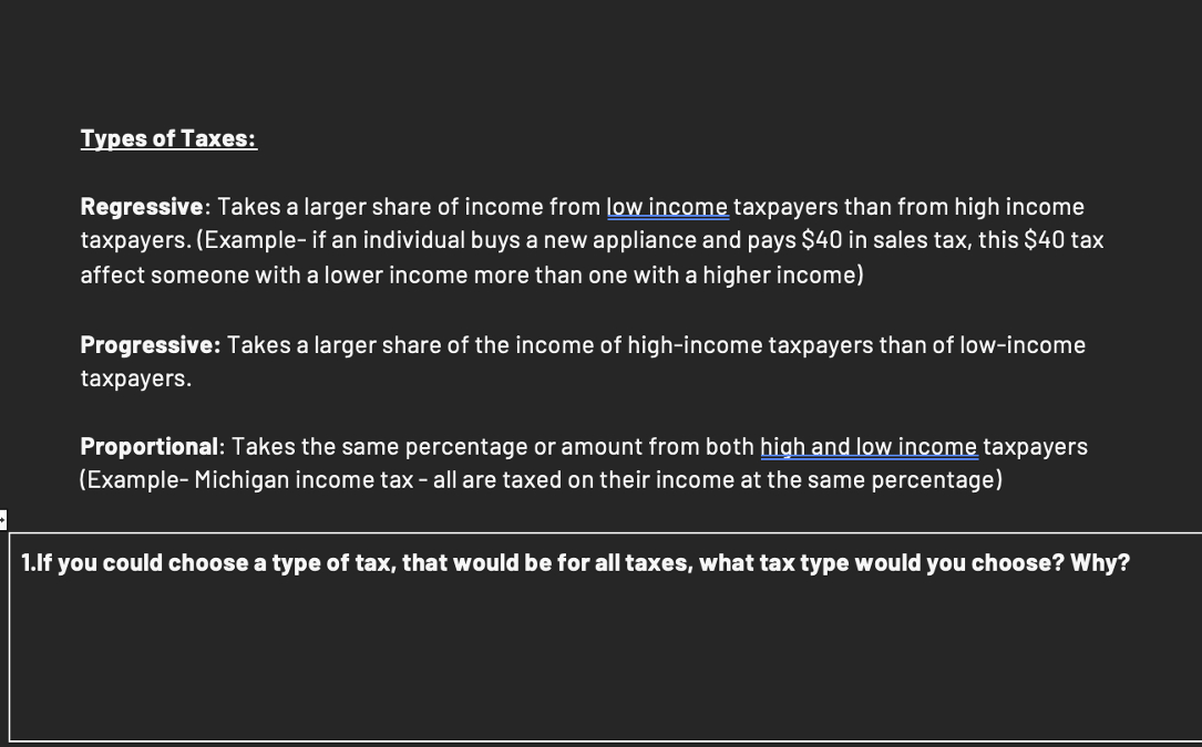 Solved Types of Taxes:Regressive: Takes a larger share of | Chegg.com