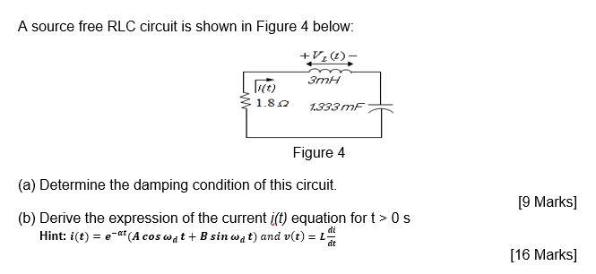 Solved A source free RLC circuit is shown in Figure 4 below: | Chegg.com