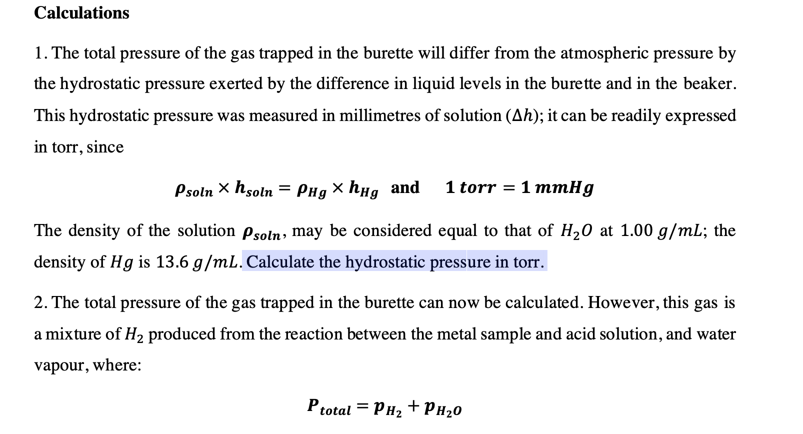 Solved 1. The total pressure of the gas trapped in the | Chegg.com