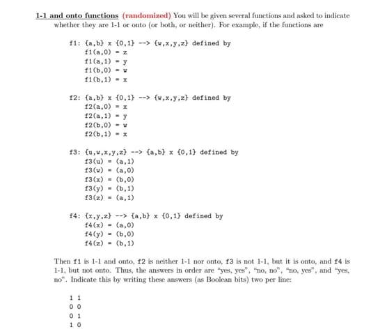 Solved 1-1 and onto functions (randomized) You will be given | Chegg.com