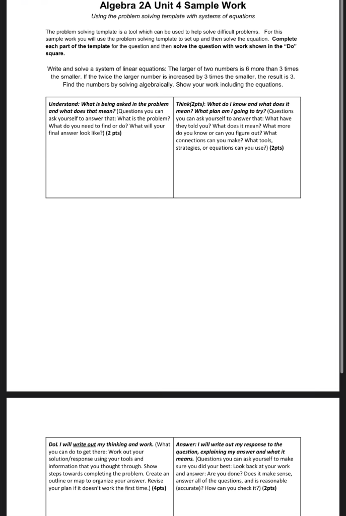 Solved Algebra 2A Unit 4 Sample Work Using the problem | Chegg.com