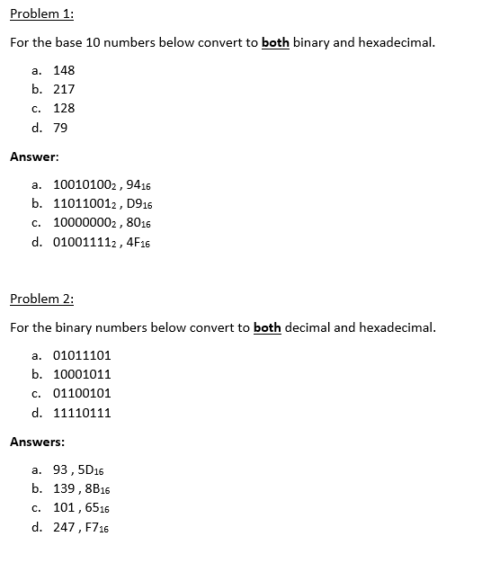 Solved Problem 1: For the base 10 numbers below convert to | Chegg.com