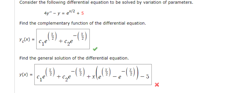 Solved 4y′′−y=ex/2+5 Find the complementary function of the | Chegg.com