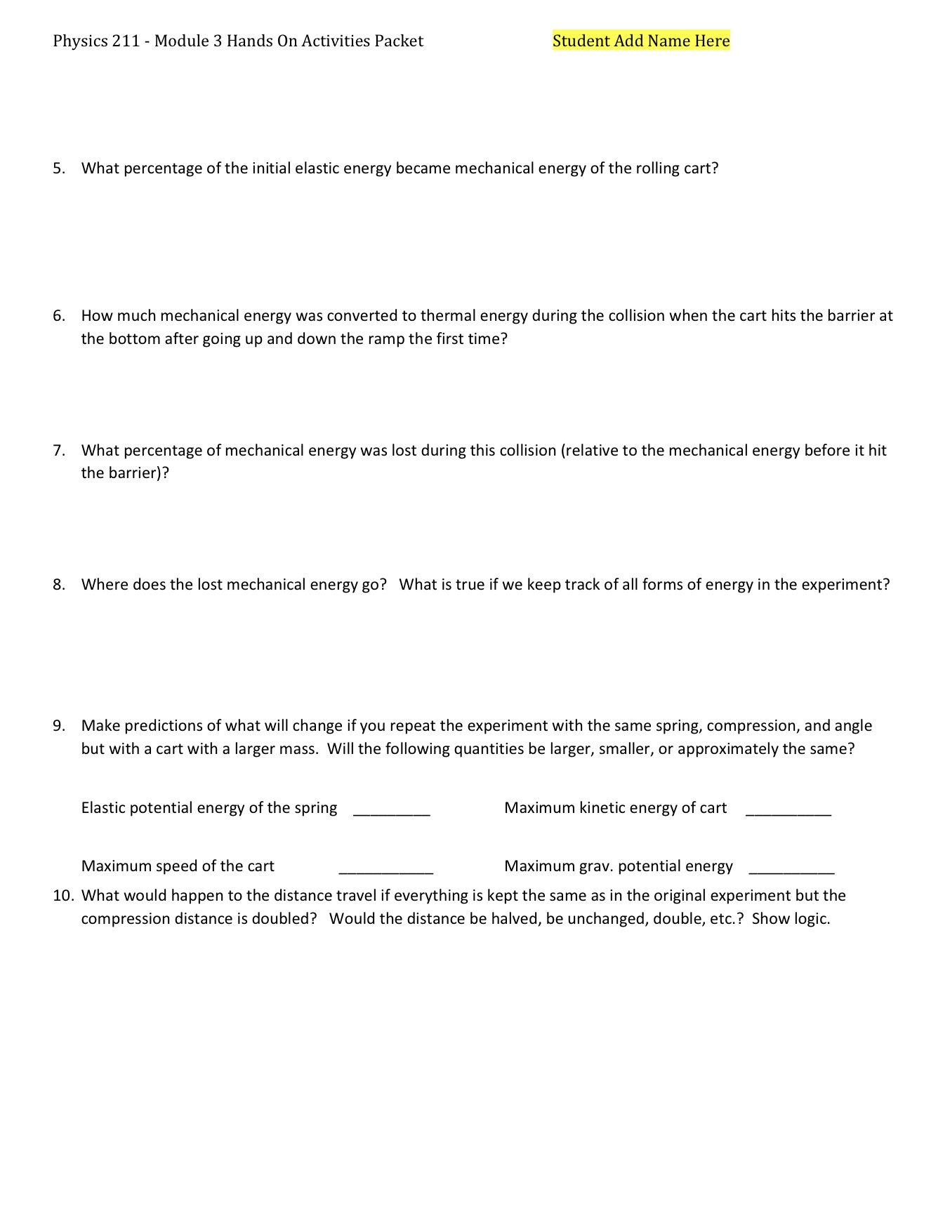 Physics 211 - Module 3 Hands On Activities Packet | Chegg.com