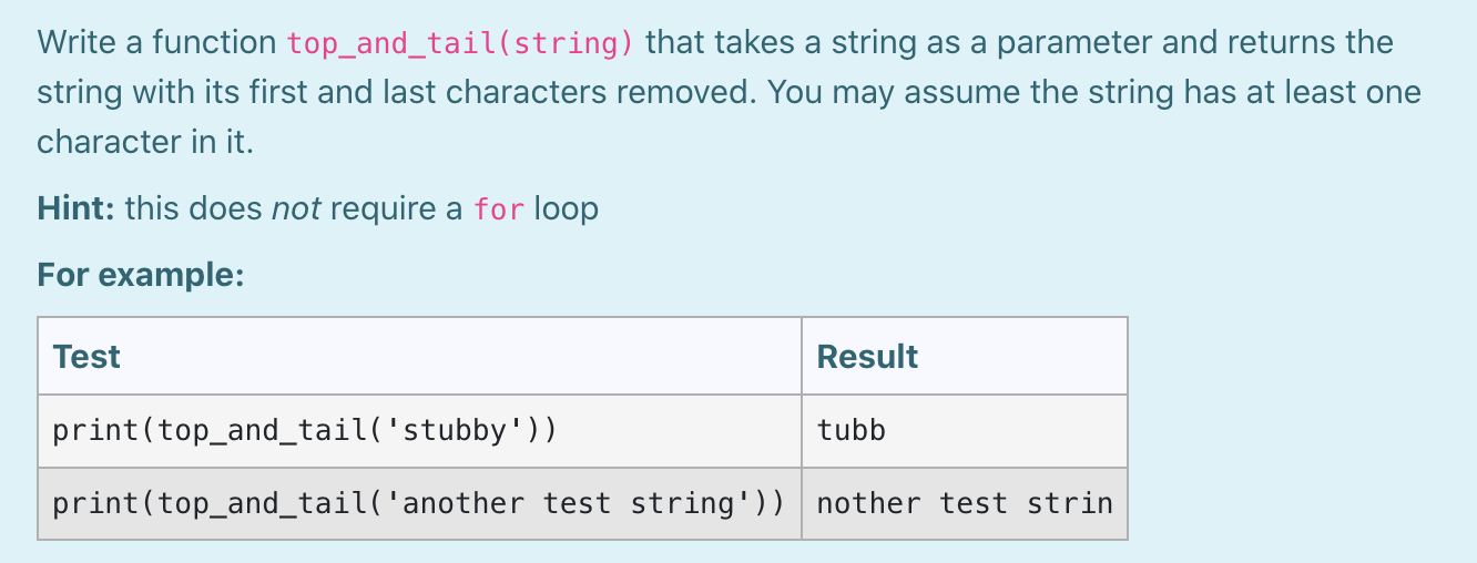 Solved Write a function top_and_tail(string) that takes a | Chegg.com
